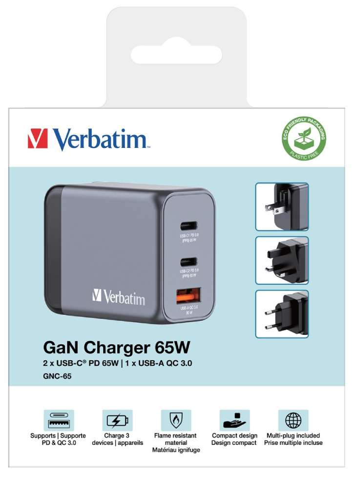 Verbatim Gnc-65 Gan Charger 3 Port 65w Usb-a/usb-c